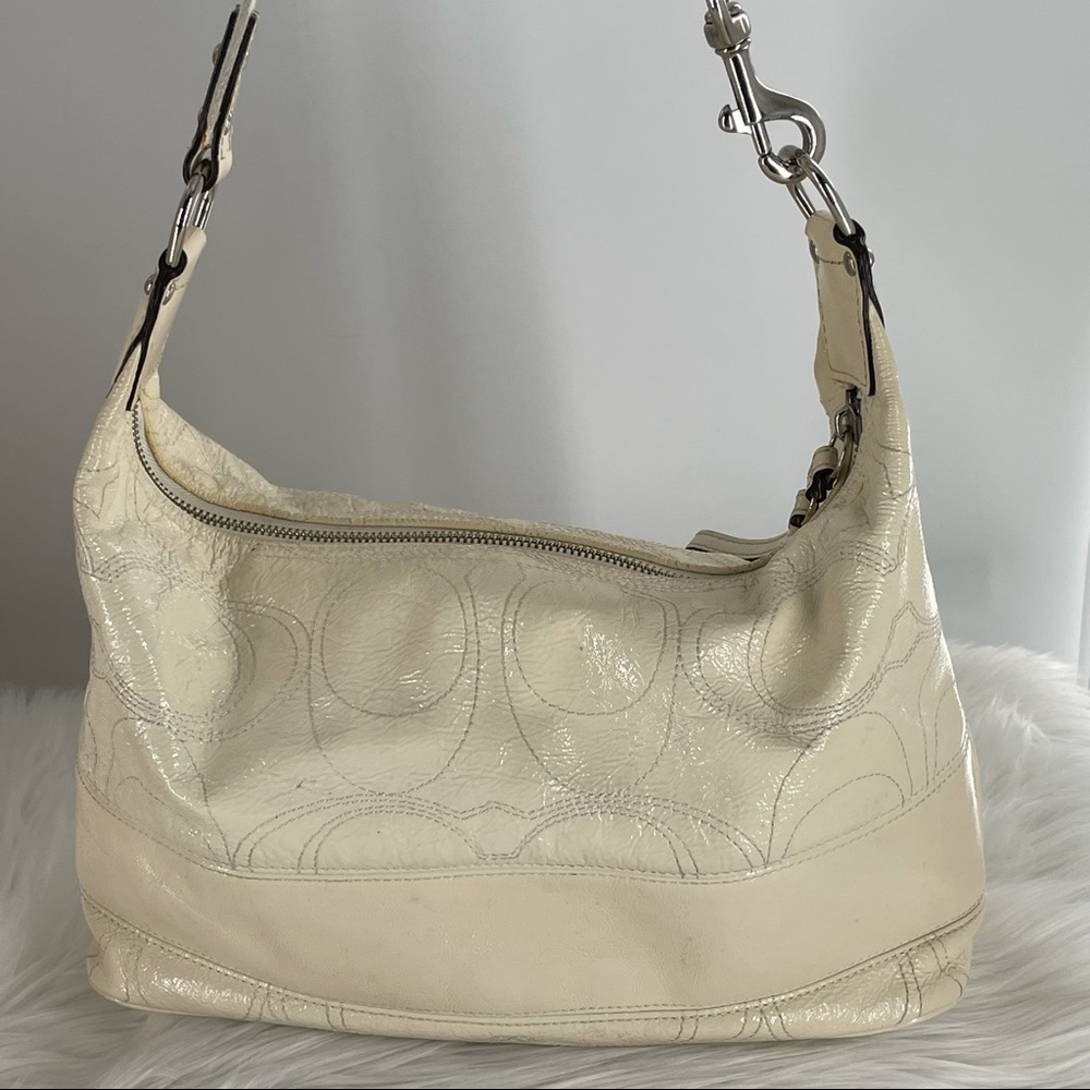 Coach Ivory Patent Leather Signature Stitched Hobo Bag - Gem